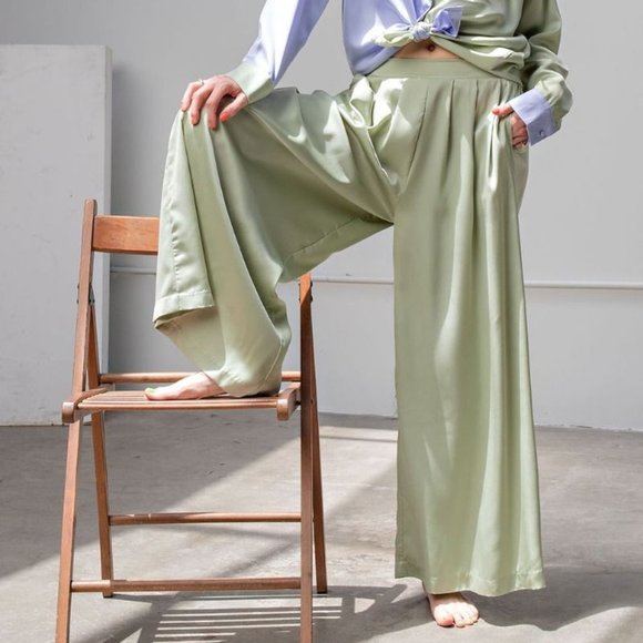 Pants & Jumpsuits | Easel Sage Flowy Fit Dull Satin Wide Leg Loose Side ...